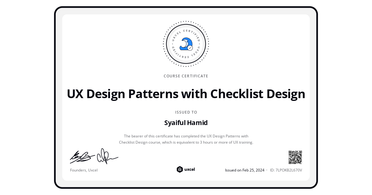 Certificate of completion for UX Design Patterns with Checklist Design | Uxcel